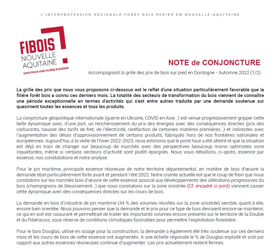 Note de conjoncture - Grille des prix de bois sur pied en Dordogne ...